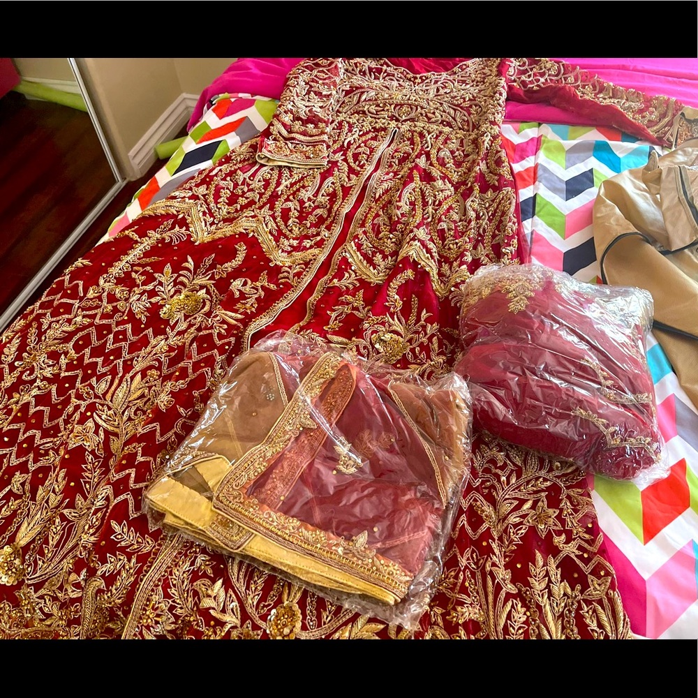Red Barat Wedding Dress With Lengha, Dupata - Gem